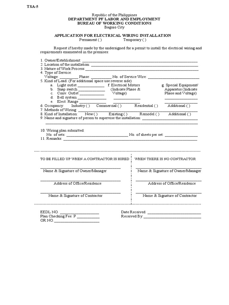 Application Form For Electrical Wiring Installation (TSA-5) | PDF ...