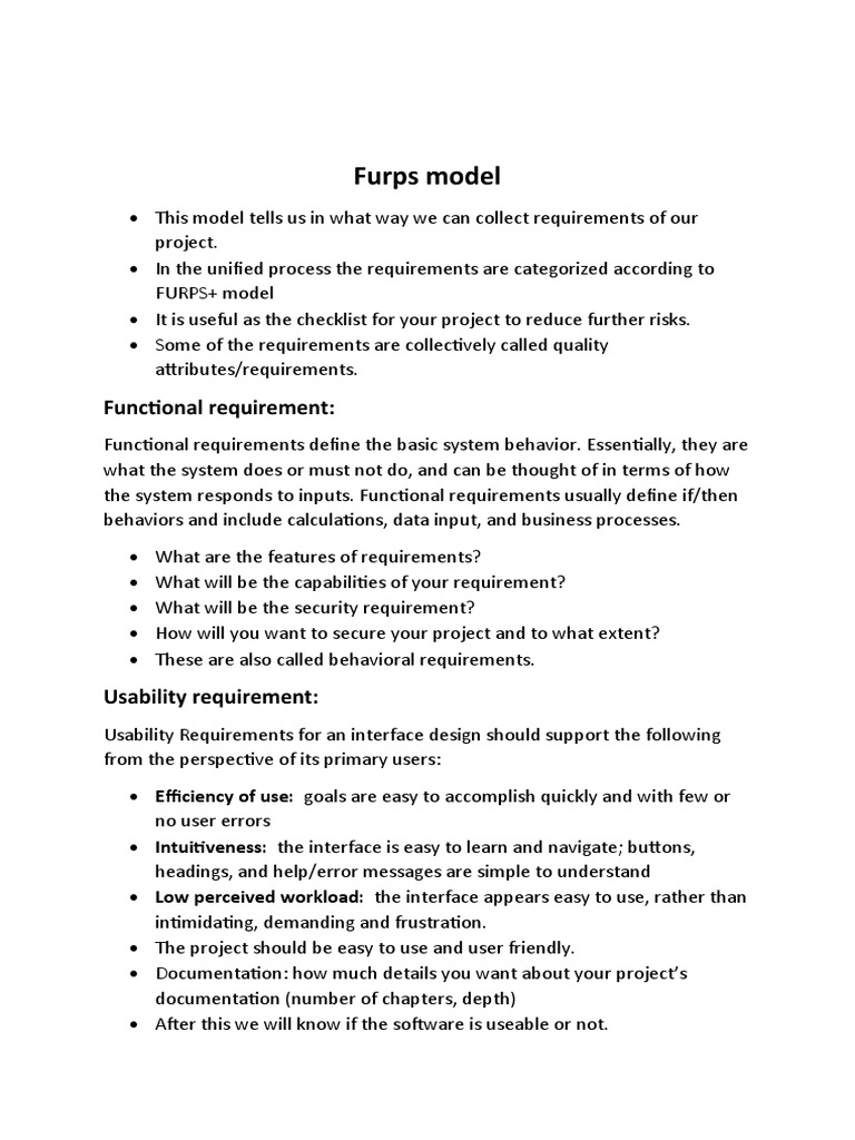 Furps Model: Functional Requirement | PDF | Usability | Systems Science