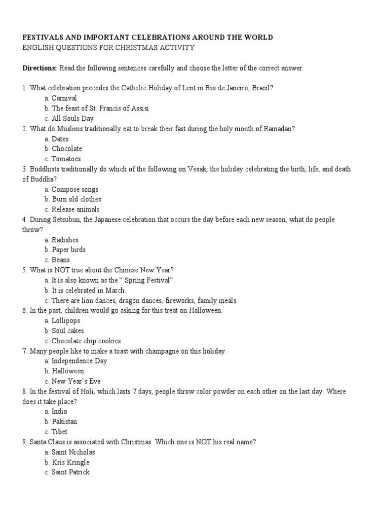 Global Festivals and Celebrations Quiz | PDF