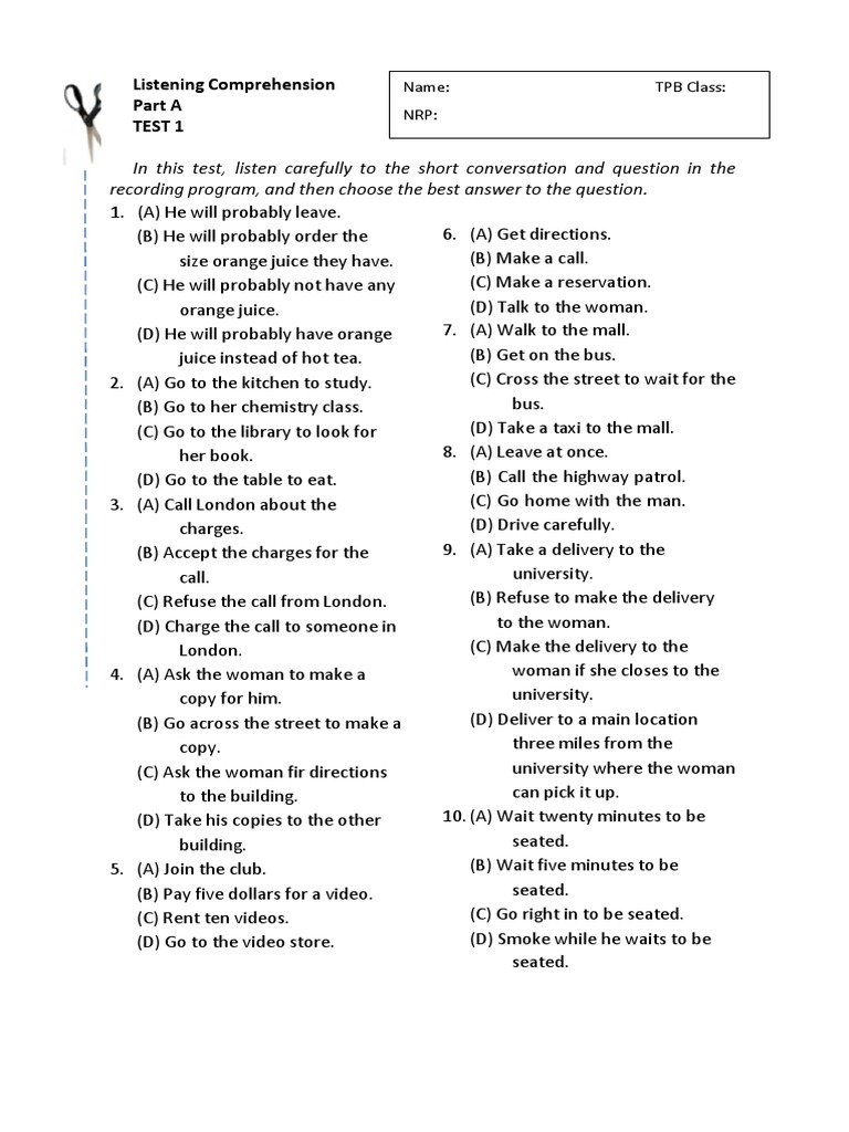 Listening Comprehension - Tests Part A Part B | PDF | Transport
