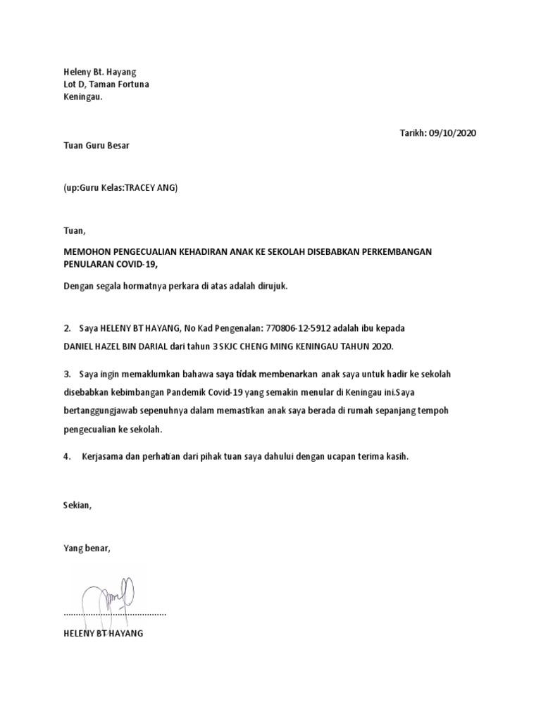 Surat Pengecualian Kehadiran Ke Sekolah | PDF