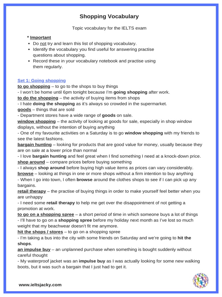 IELTS Shopping Vocabulary Guide | PDF | Retail | Supermarket