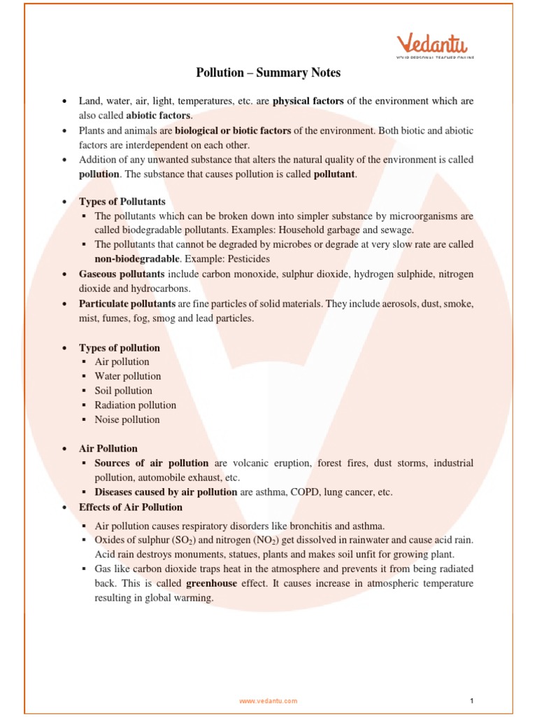 Pollution Summary Notes: Types, Causes & Prevention | PDF | Water ...