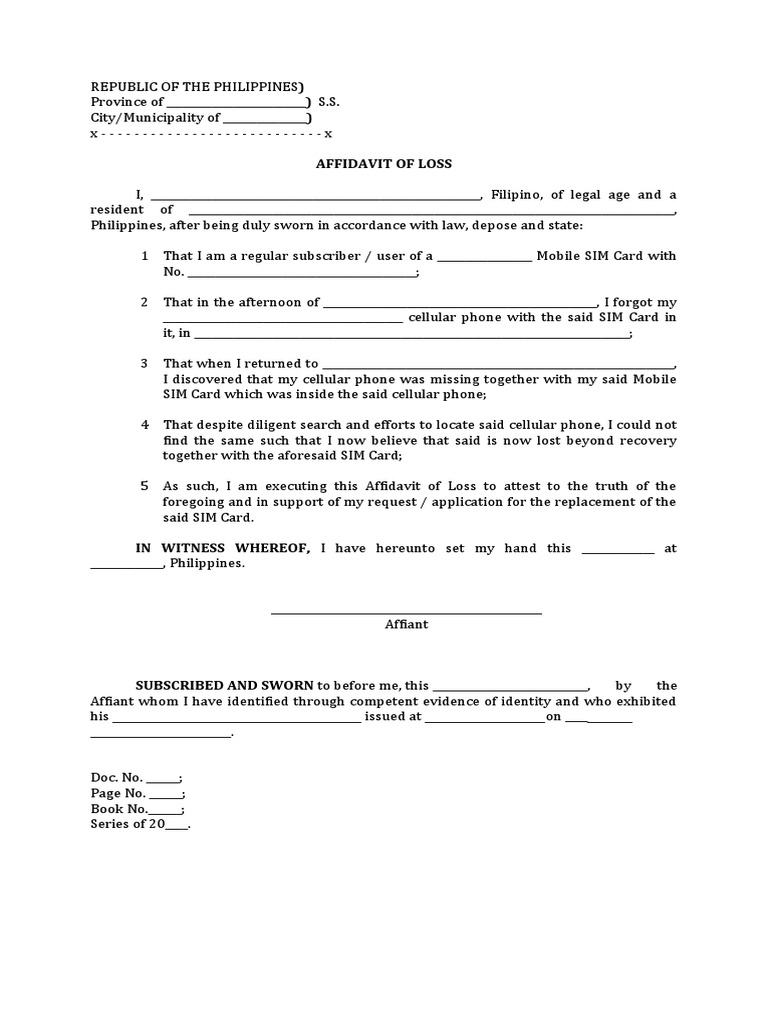 Affidavit of Loss - Cellphone & SIM Card | PDF