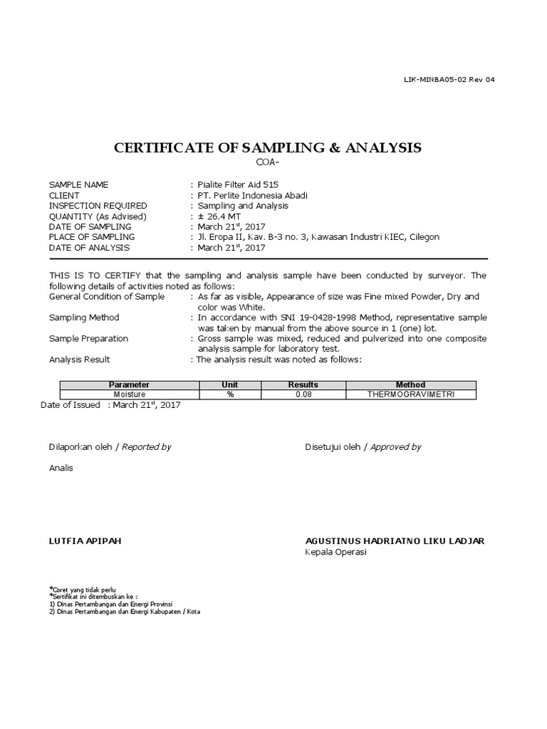 Certificate of Sampling & Analysis: Parameter Unit Results Method | PDF