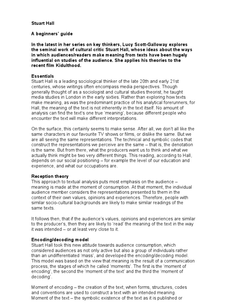 Stuart Hall Introduction and Representation in Kidulthood | PDF | Code ...