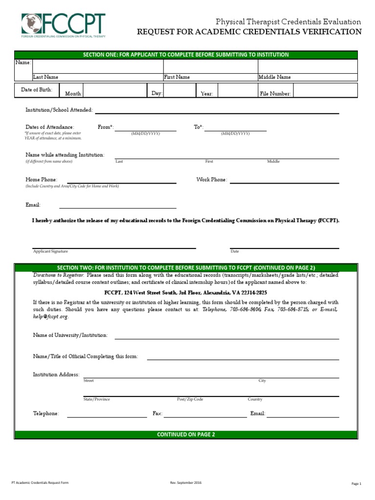 Request For Aca Demic Credentials Verification: Physical Therapist ...