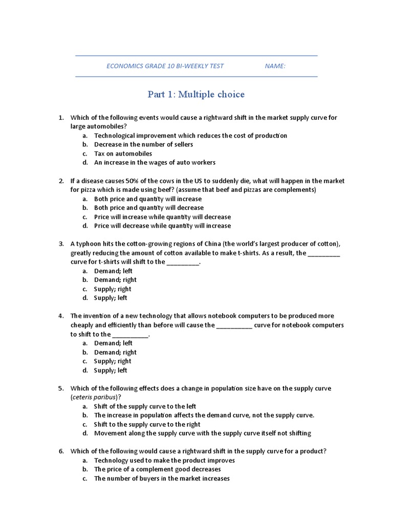 ECONOMICS GRADE 10 Test Supply-Demand | PDF | Supply And Demand ...