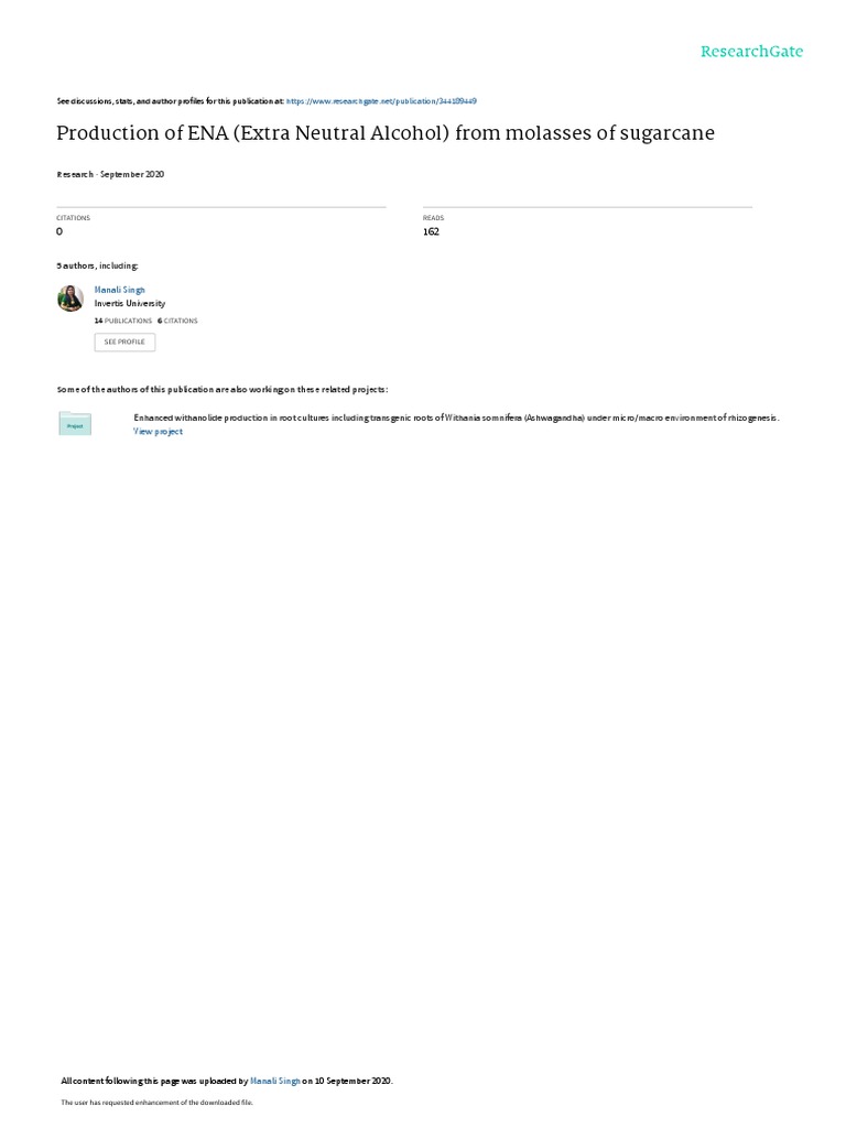 Production of ENA (Extra Neutral Alcohol) From Molasses of Sugarcane ...