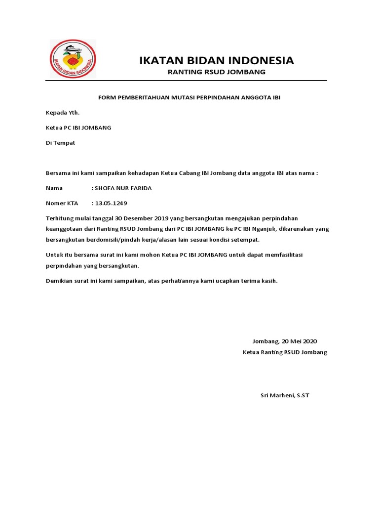 Pemberitahuan Mutasi Anggota IBI | PDF