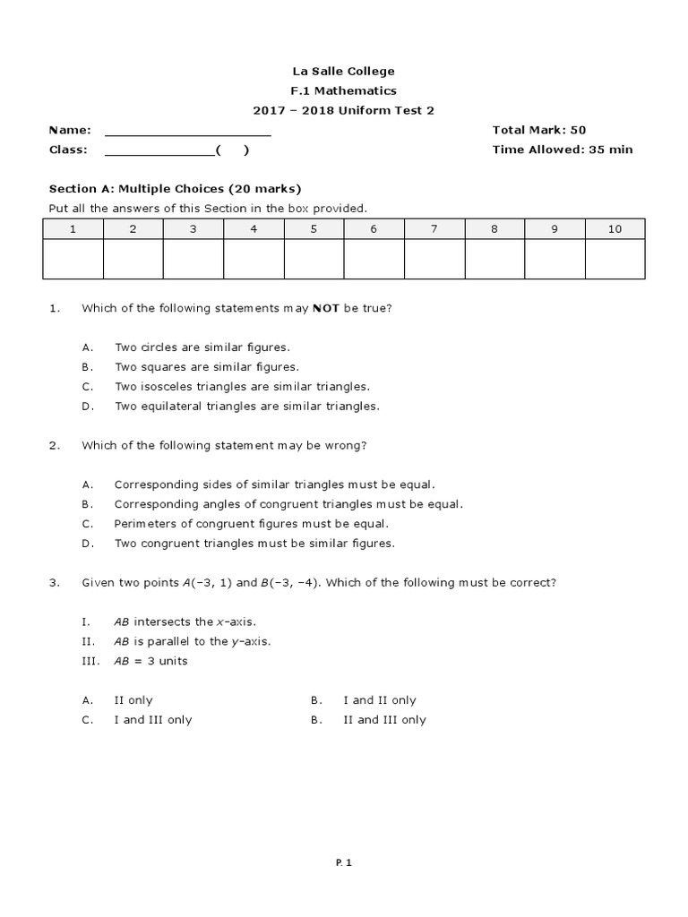 F.1 LSC Math UT2 17-18 | PDF | Rectangle | Triangle