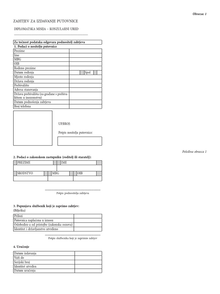 Zahtjev Za Izdavanje Putovnice PDF | PDF