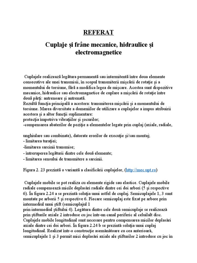 Referat Cuplaje Şi Frâne Mecanice, Hidraulice Şi Electromagnetice | PDF