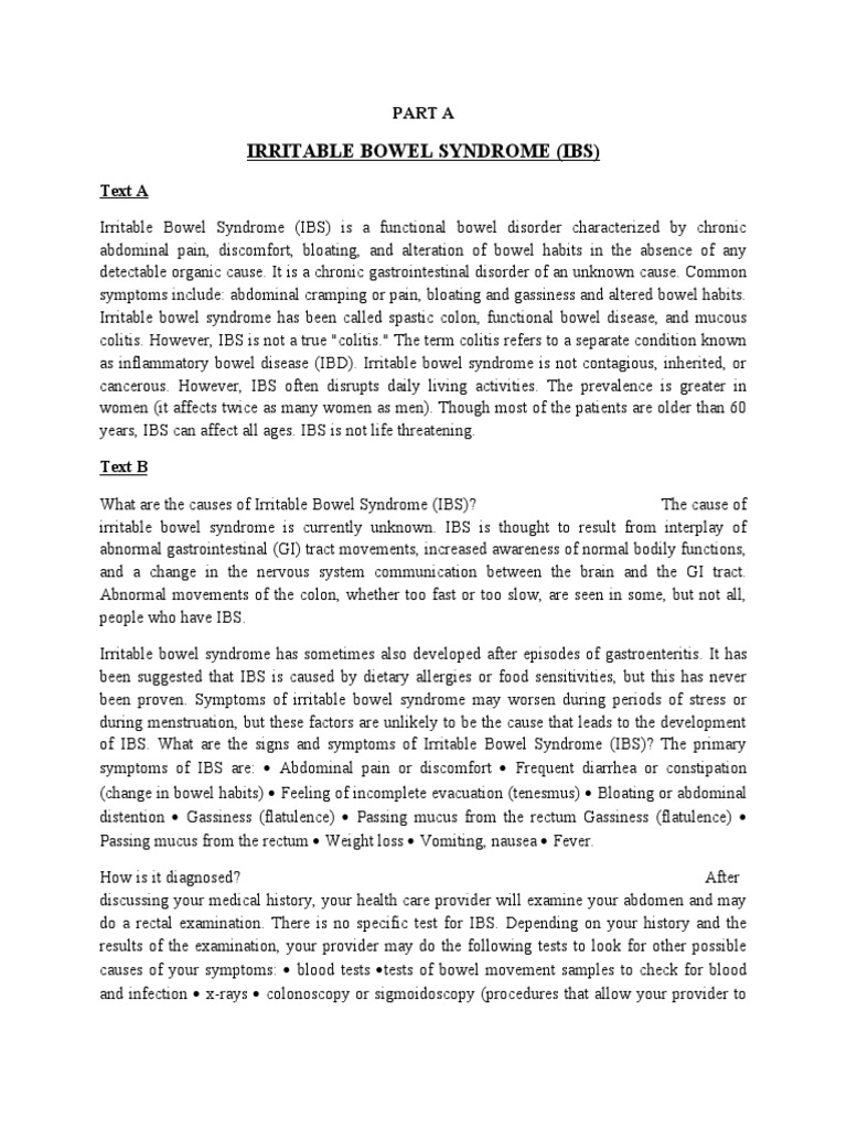 Irritable Bowel Syndrome (Ibs) : Part A | PDF | Irritable Bowel ...