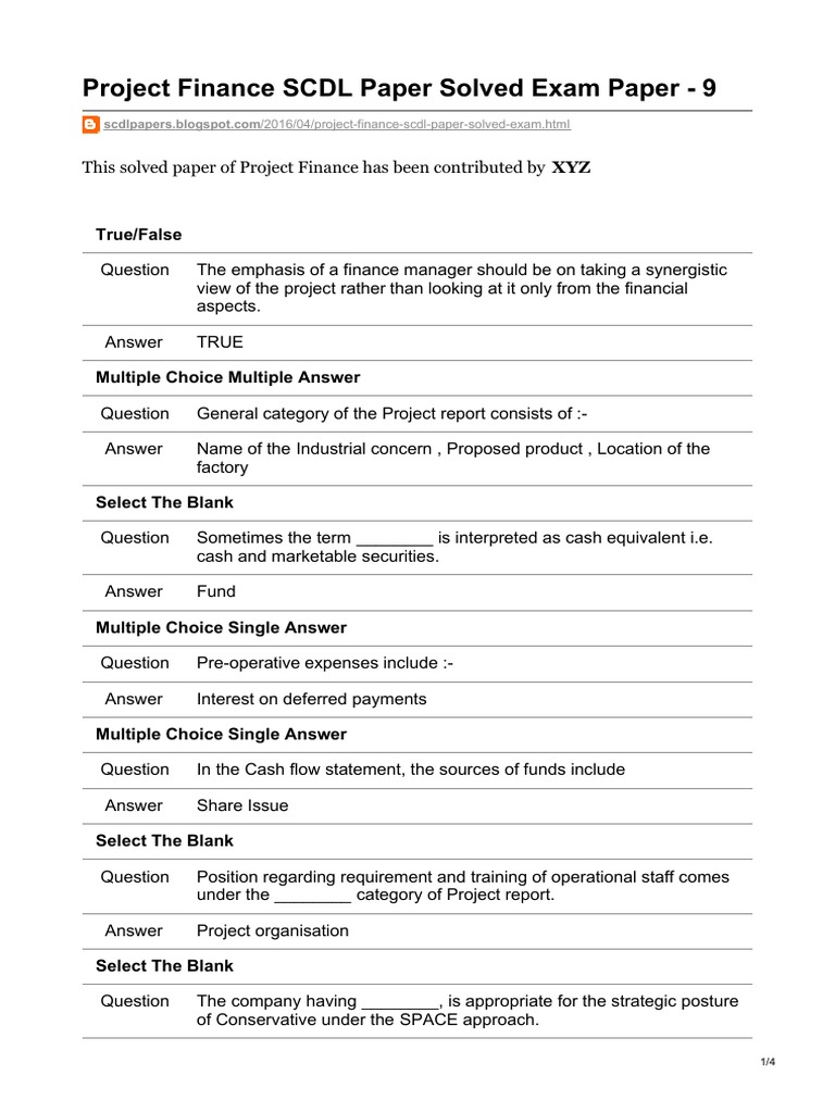 Project Finance SCDL Paper Solved Exam Paper - 9 | PDF | Project Finance | Multiple Choice