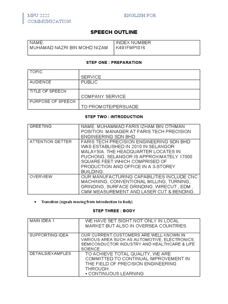 Speech Outline: MPU 2222 English For Communication | PDF | Engineering ...