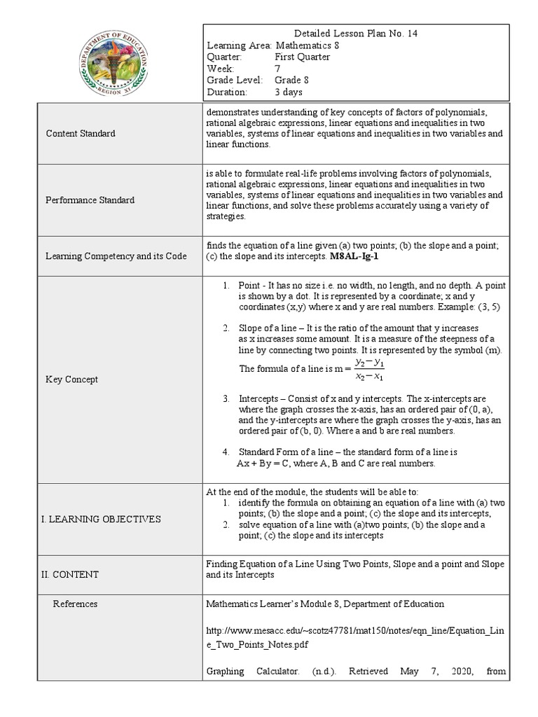 Detailed Lesson Plan No. 14 Learning Area: Mathematics 8 Quarter: First ...