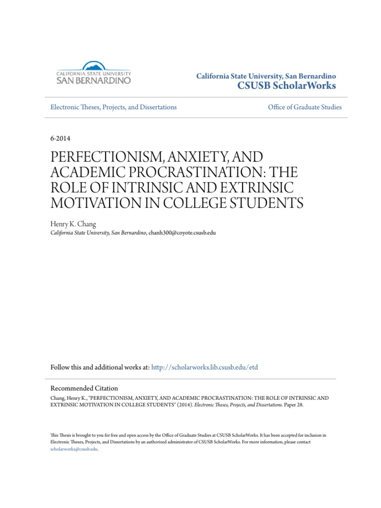 Perfectionism, Anxiety, and Academic Procrastination: The Role of Intrinsic and Extrinsic ...