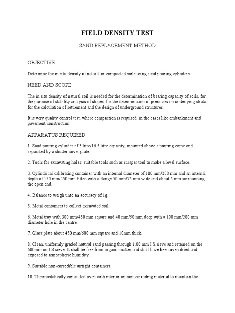 Field Density Test: Sand Replacement Method Objective | PDF