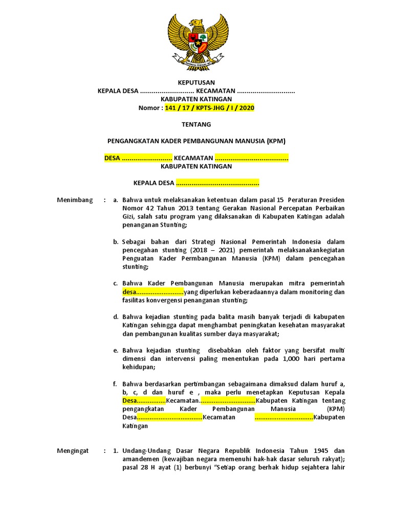 Contoh SK Kader Pembangunan Manusia (KPM) Tahun 2020 | PDF