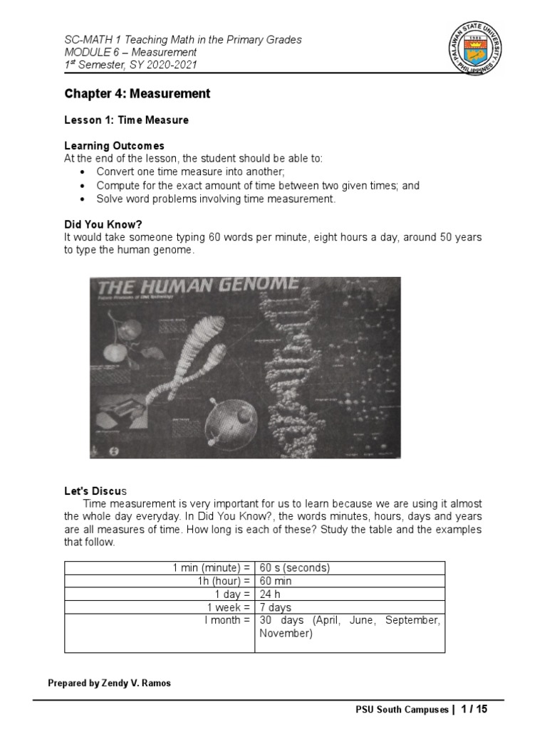 Chapter 4: Measurement: Lesson 1: Time Measure Learning Outcomes | PDF ...