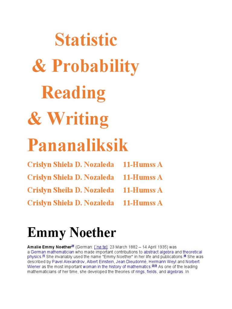 Statistic & Probability Reading & Writing Pananaliksik: Emmy Noether ...