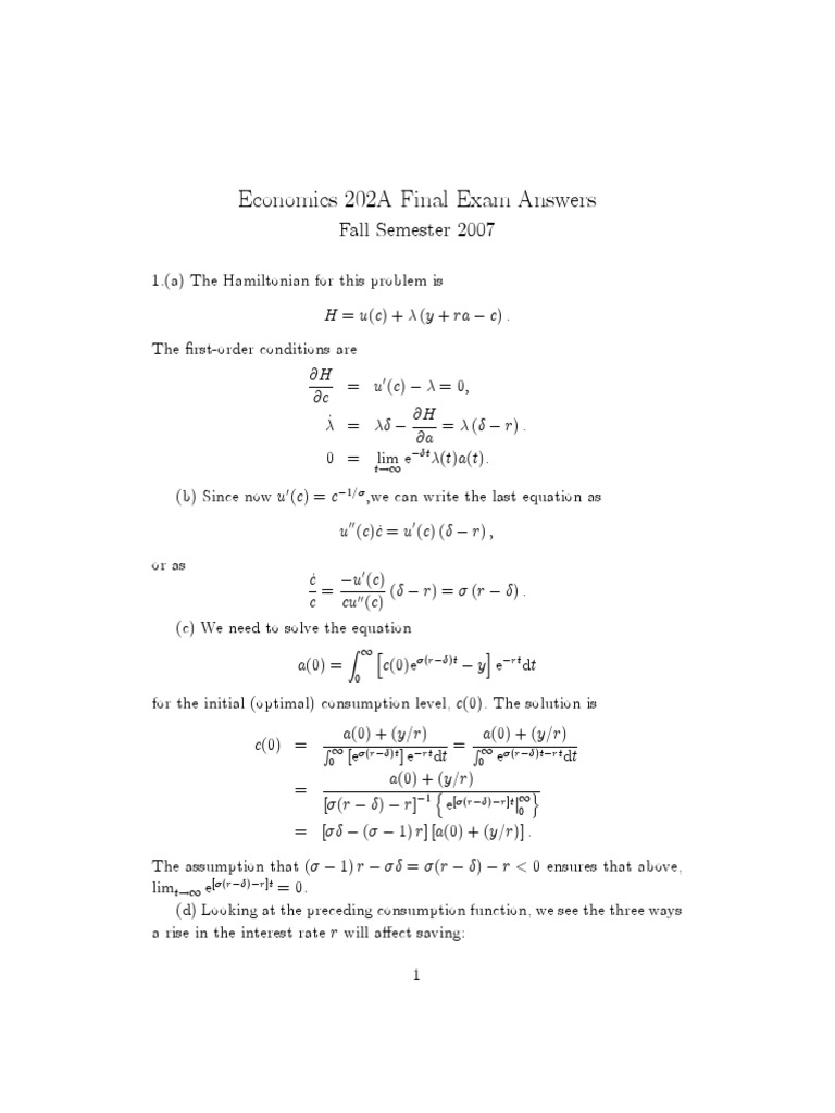 Economics 202A Final Exam Solutions | PDF | Output (Economics) | Saving