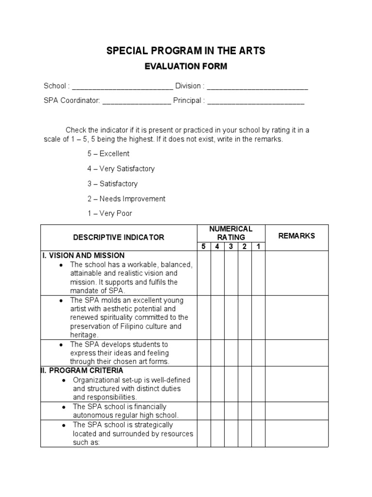 Special Program in The Arts: Evaluation Form | PDF | Curriculum ...