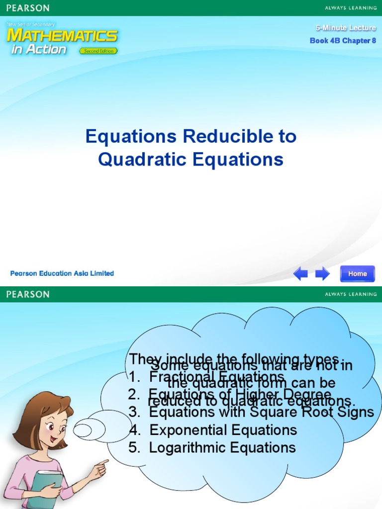 Equations Reducible To Quadratic Equations: Book 4B Chapter 8 | PDF ...