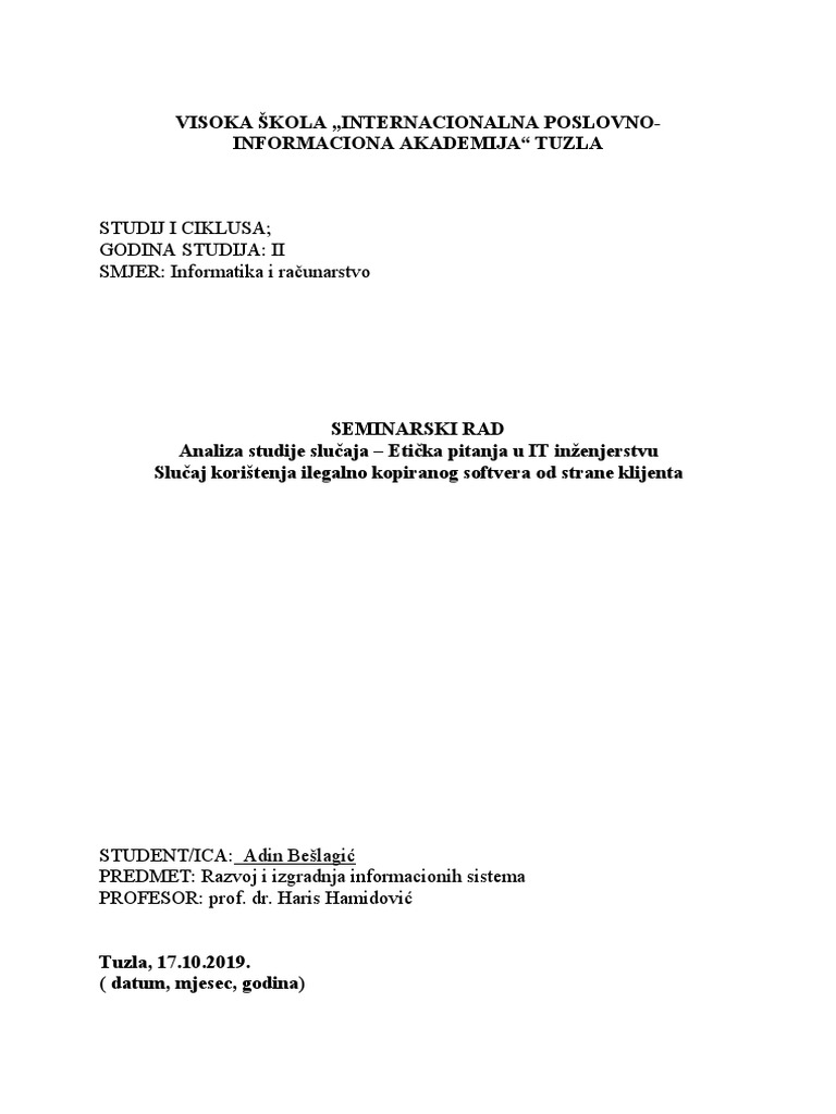 Razvoj I Izgradnja Informacionih Sistema - Projektni Zadatak - Adin Bešlagić | PDF