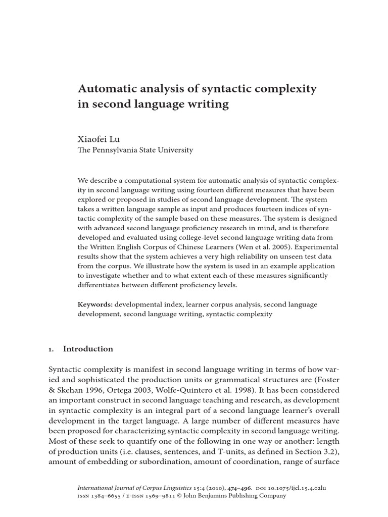 Automatic Analysis of Syntactic Complexity in Second Language Writing | PDF | Parsing | Phrase