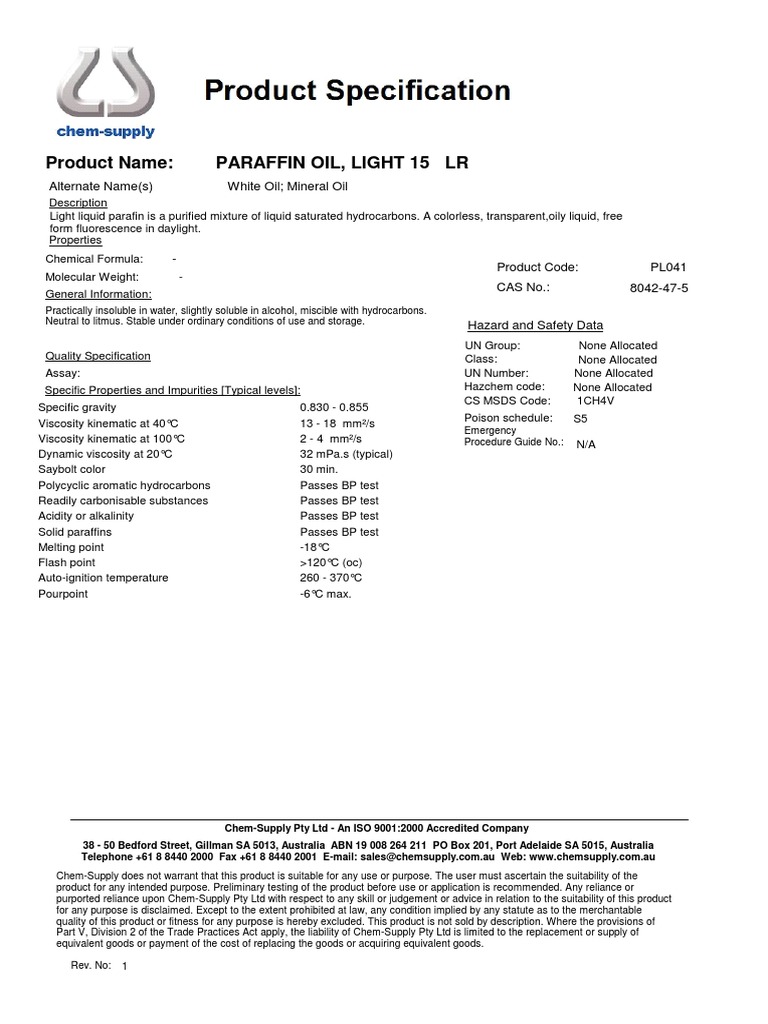 Paraffin Oil Specs | Download Free PDF | Alkane | Solubility