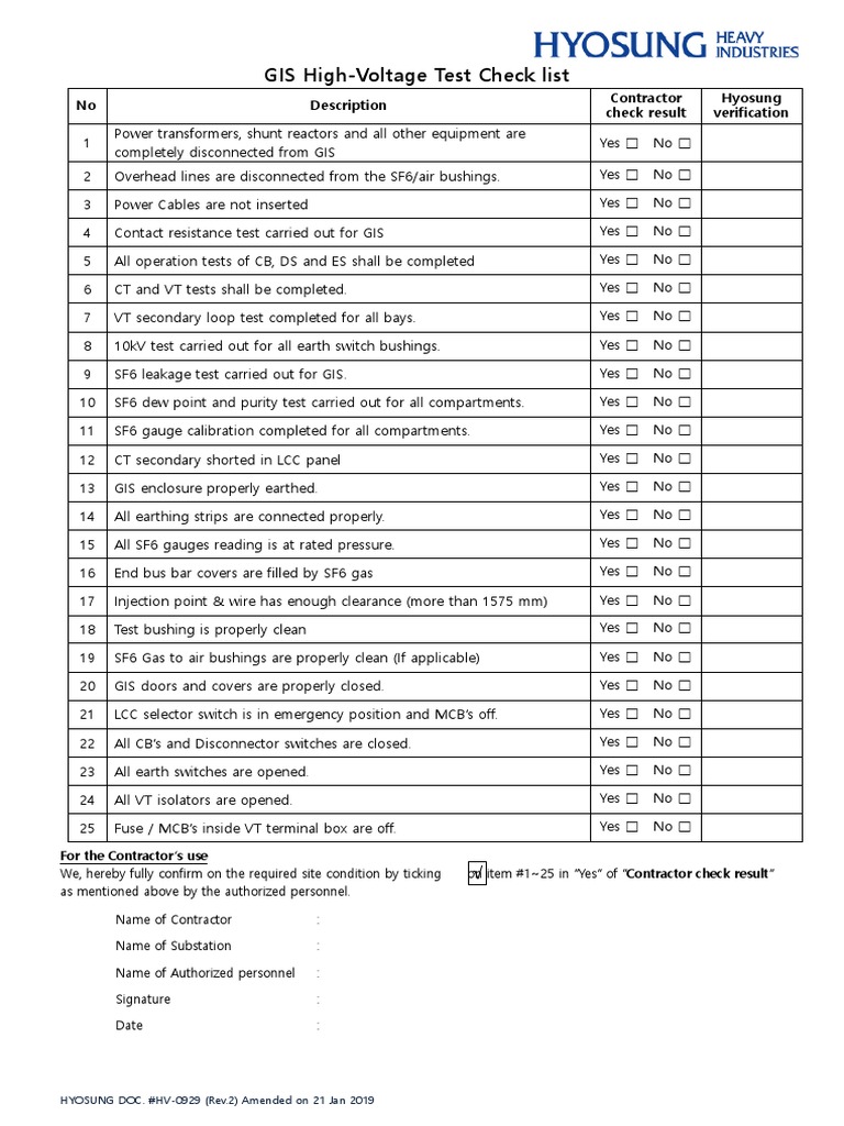 GIS High-Voltage Test Checklist | PDF | Components | Electrical Engineering