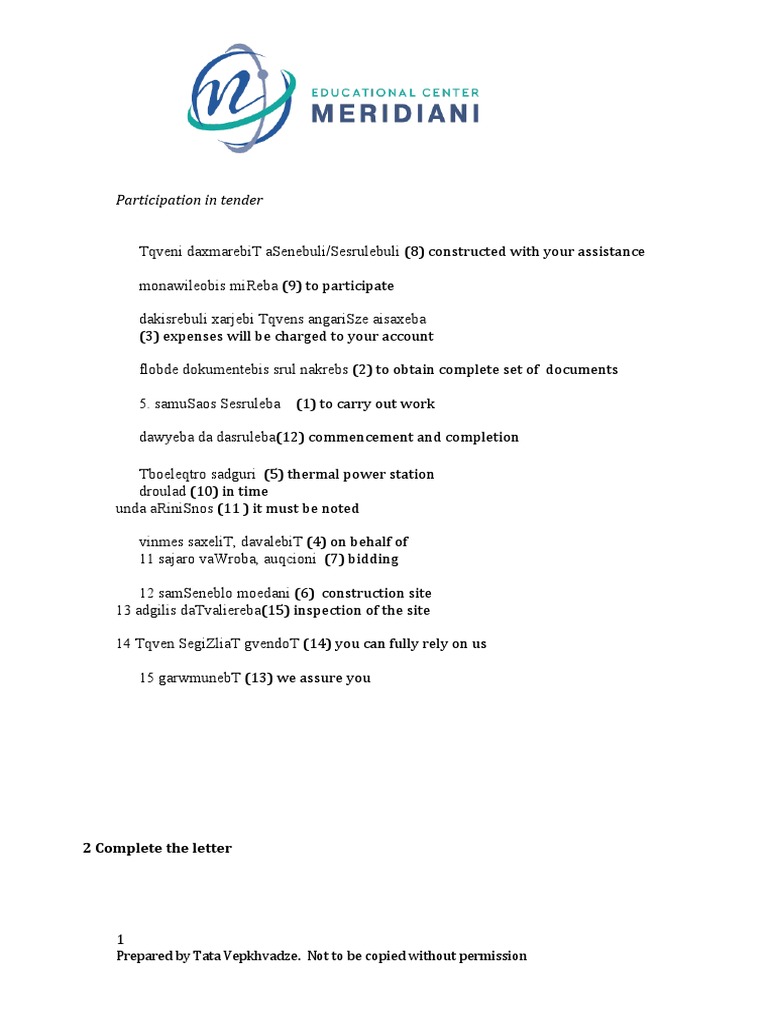 Participation in Tender: 2 Complete The Letter | PDF | Home & Garden ...