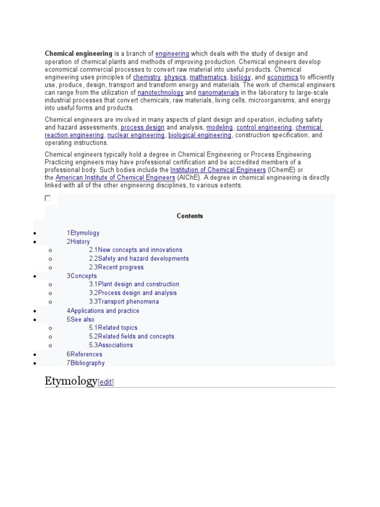 Etymology: Chemical Engineering Is A Branch of | PDF | Chemical Engineering | Physical Sciences