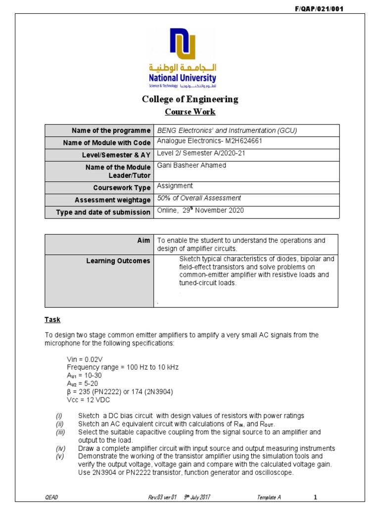 College of Engineering: Course Work | PDF | Amplifier | Transistor
