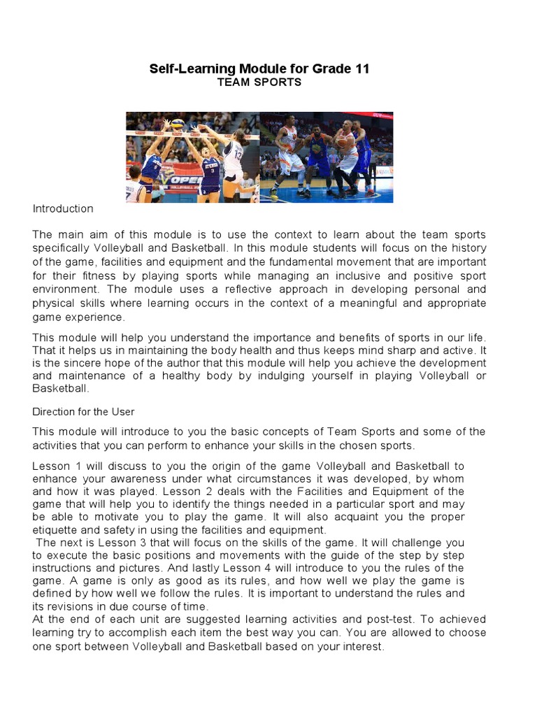 Grade 11 Team Sports Module: Volleyball & Basketball | PDF | Volleyball ...