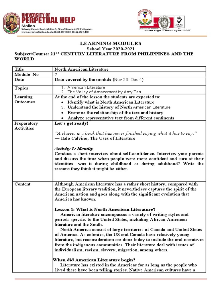 Learning Modules: Subject/Course: 21 Century Literature From ...