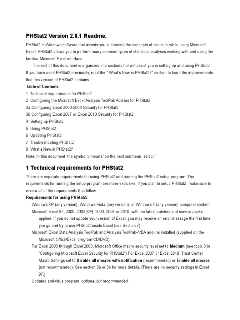 Phstat2 Version 2.8.1 Readme | PDF | Microsoft Excel | Visual Basic For ...