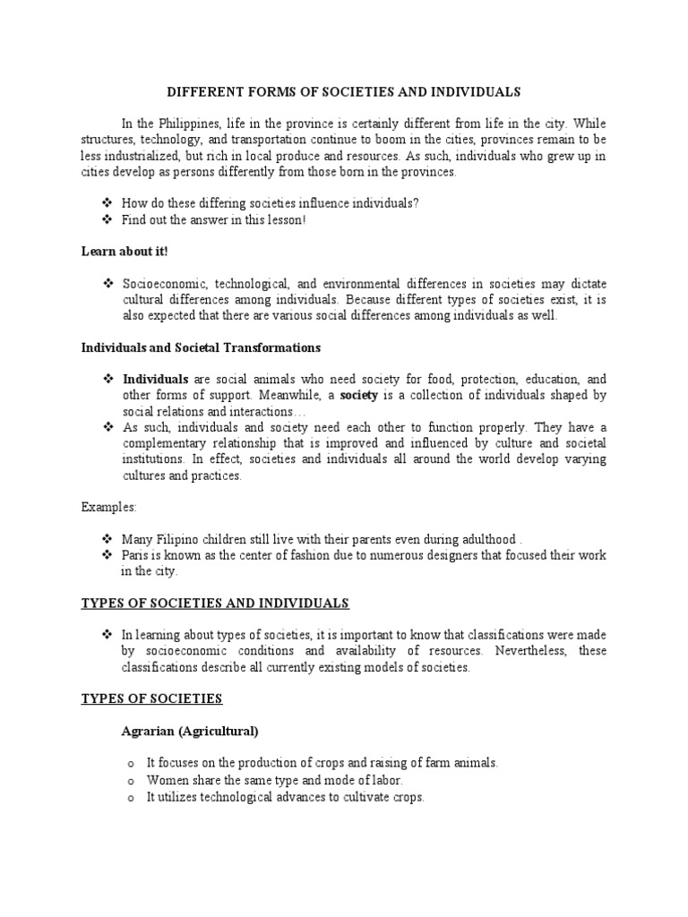Types of Societies and Individual Impact | PDF | Society | Policy
