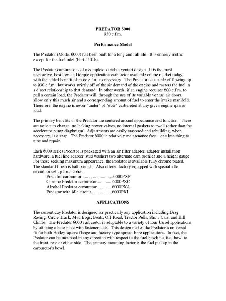 Predator 6000 carburetor performance guide | PDF | Carburetor | Throttle