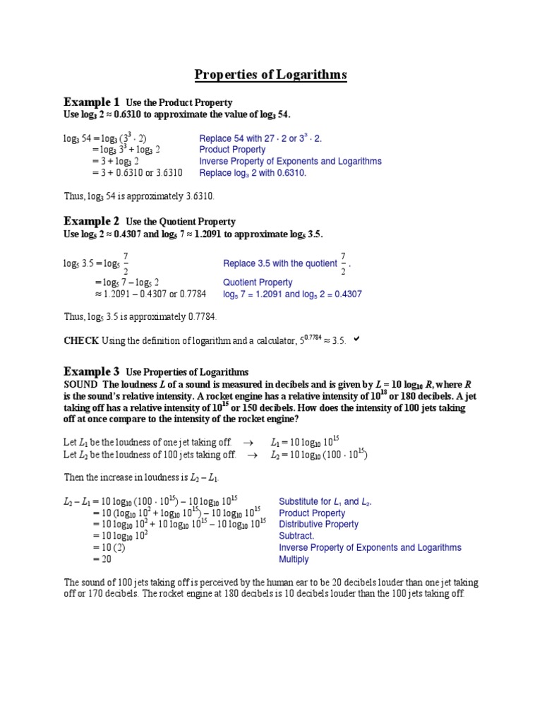 Properties of Logarithms: Example 1 | PDF | Logarithm | Decibel