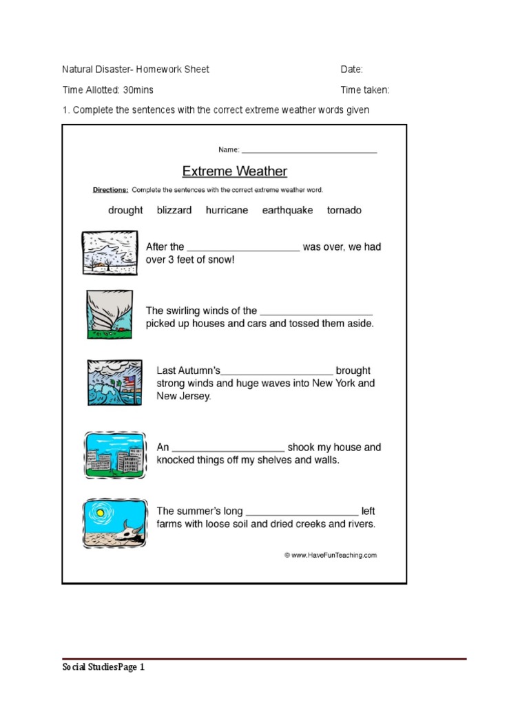 Natural Disaster-Homework Sheet Date: Time Allotted: 30mins Time Taken ...