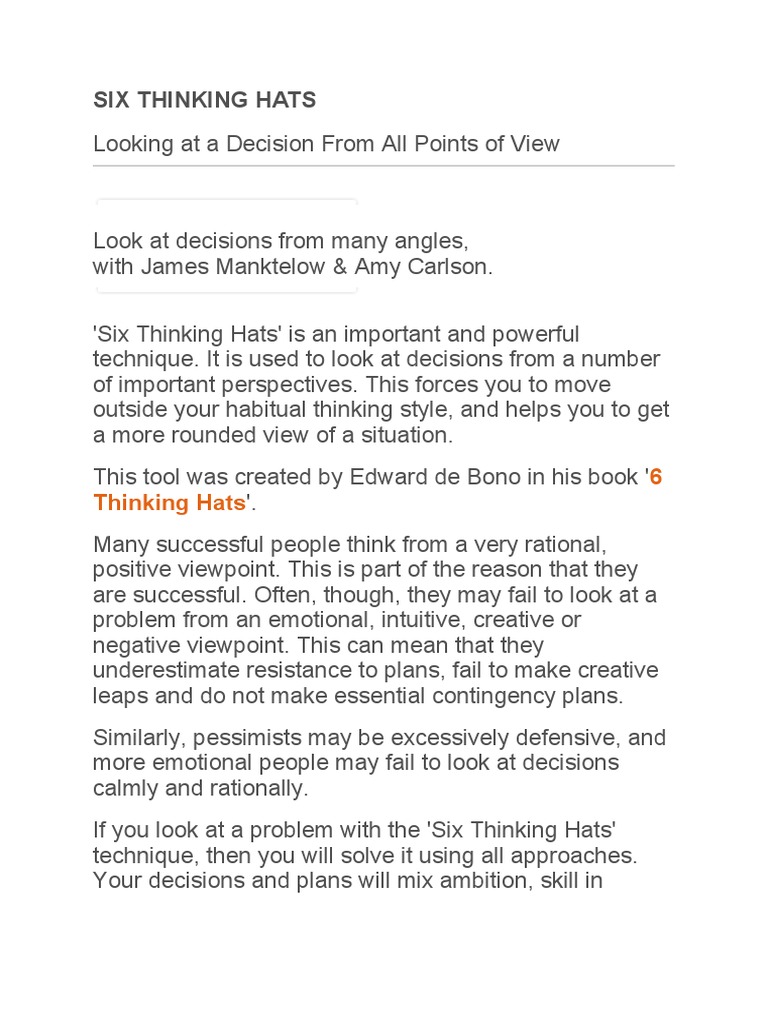 Six Thinking Hats | PDF | Recession | Creativity