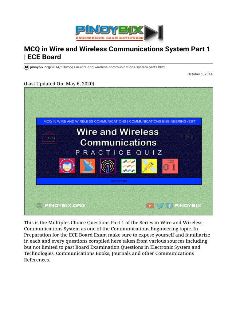MCQ in Wire and Wireless Communications System Part 1 - ECE Board | PDF | Amplifier | Multiple ...