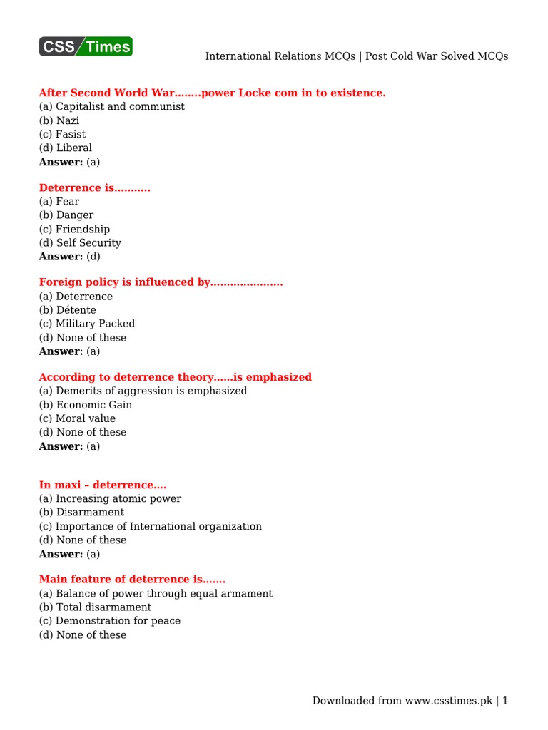 Post Cold War International Relations MCQs | PDF | Deterrence Theory ...