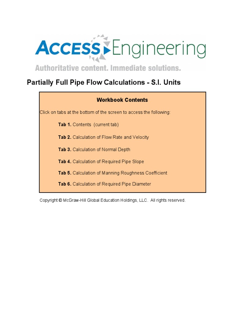 Partially Full Pipe Flow Calculations - S.I. Units: Workbook Contents ...