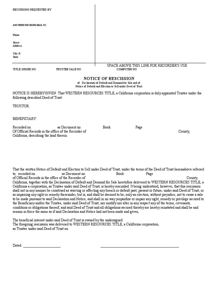 Notice of Rescission: and When Recorded Mail To | PDF | Deed Of Trust ...