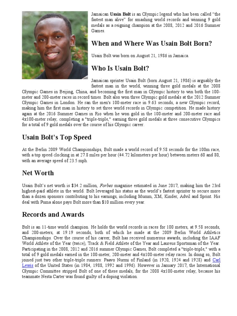 Jamaican Usain Bolt Is An Olympic Legend Who Has Been Called | PDF ...