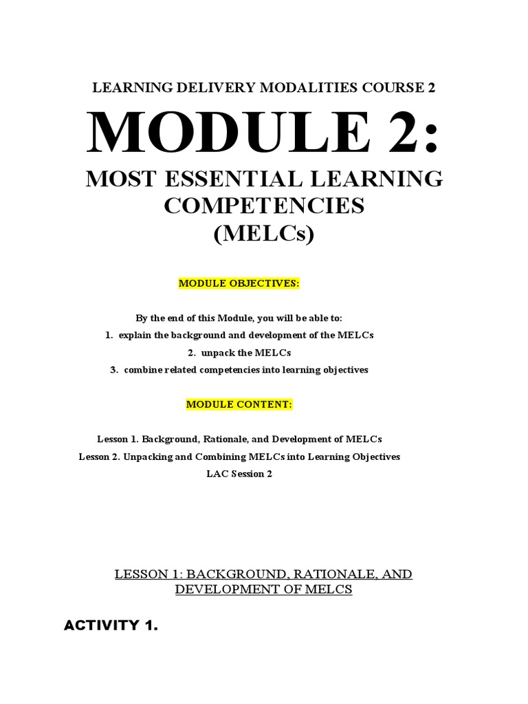 Most Essential Learning Competencies (Melcs) : Learning Delivery Modalities Course 2 | PDF ...